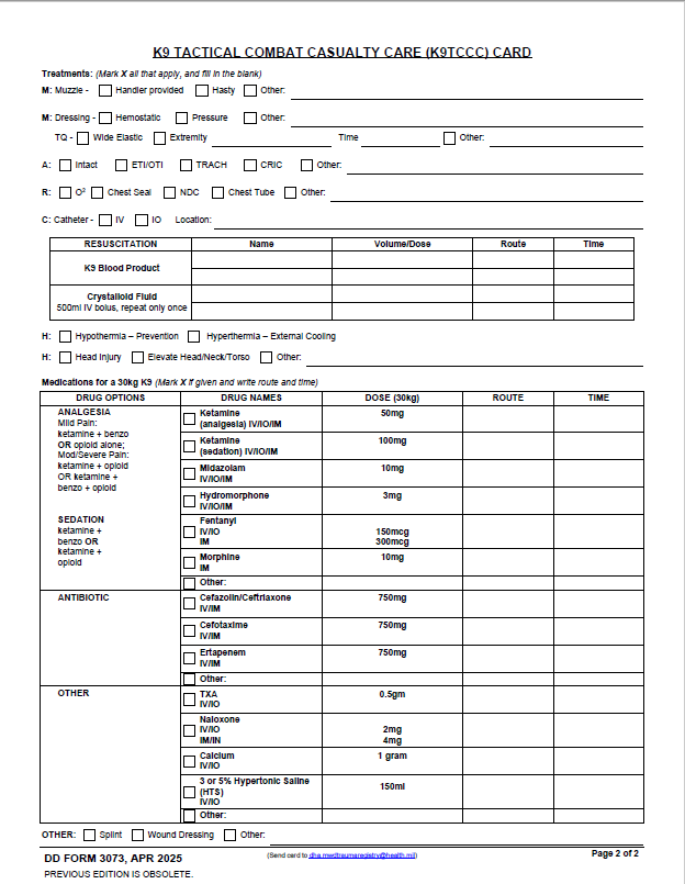 Canine/K9 Tactical Combat Casualty (K9TCCC) Guidelines